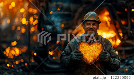 Metalworker in front of a blast furnace holding...のイラスト素材 [122230096 ...