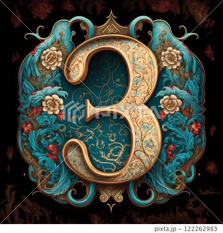 Vintage number 3 in baroque style with floral...のイラスト素材 [122262983] - PIXTA