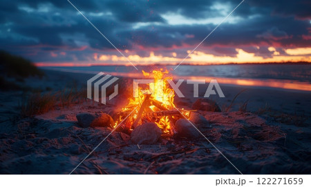 beach bonfire, cape cod, dusk time after...のイラスト素材 [122271659] - PIXTA