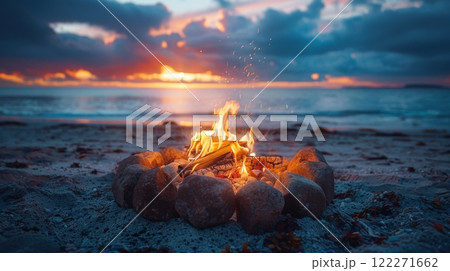beach bonfire, cape cod, dusk time after...のイラスト素材 [122271662] - PIXTA