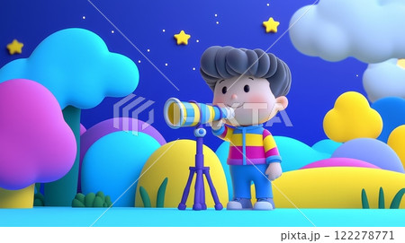 Teen Boy Observing Stars Playful 3D cartoon...のイラスト素材 [122278771] - PIXTA