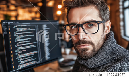 Focused software developer with glasses coding...のイラスト素材 [122283072] - PIXTA