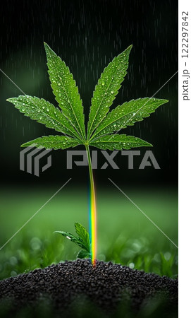 Green cannabis plant growing in soil with rain...のイラスト素材 [122297842 ...