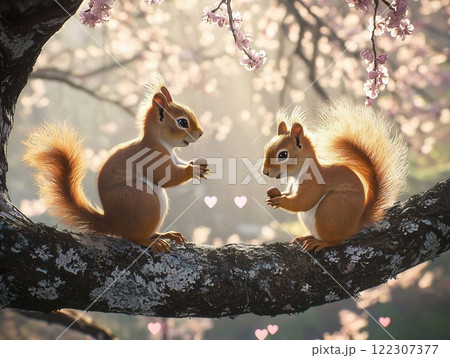 Playful Squirrels Sharing Acorn on Tree Branch...のイラスト素材 [122307377 ...