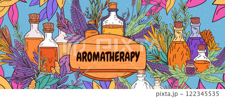 Aromatherapy essential oils and herbs colorful...のイラスト素材 [122345535 ...