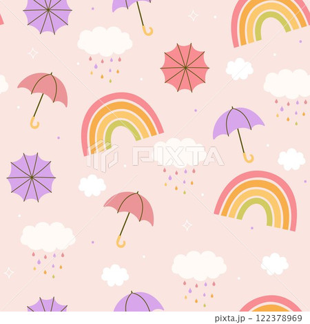 Seamless pattern with umbrellas, clouds, drops,...のイラスト素材 [122378969] - PIXTA