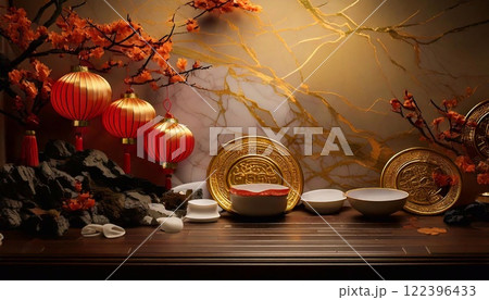 Decorative Chinese table setting with lanterns...のイラスト素材 [122396433 ...