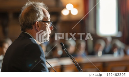 Indistinct shapes of a presenter and a blurred...のイラスト素材 [122402295 ...