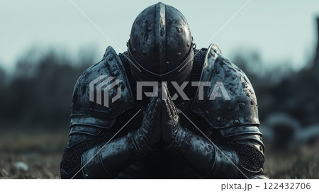 Knight kneeling in prayer before a battle, with...のイラスト素材 [122432706 ...