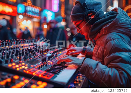 Focused musician playing a synthesizer on a...のイラスト素材 [122435735] - PIXTA