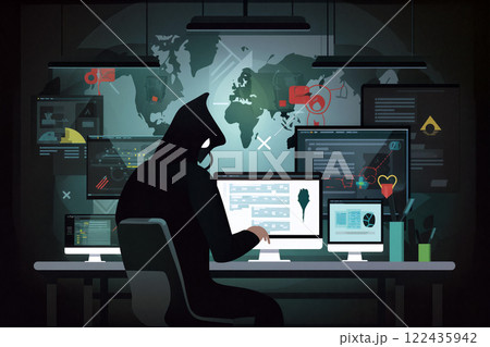 Digital hacker working at a high-tech station...のイラスト素材 [122435942] - PIXTA