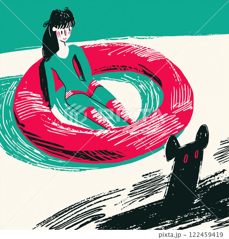 A teenage girl and her dog are swimming...のイラスト素材 [122459419] - PIXTA
