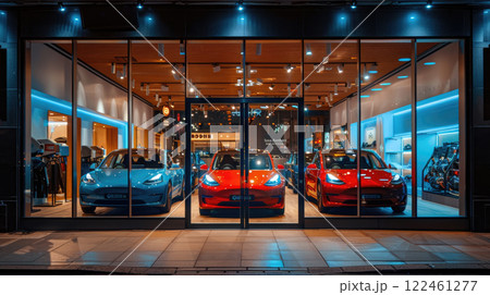 Luxury cars inside dealership at night, view of...のイラスト素材 [122461277 ...