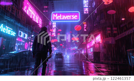 Neon street in cyberpunk city in rain at night,...のイラスト素材 [122461357 ...