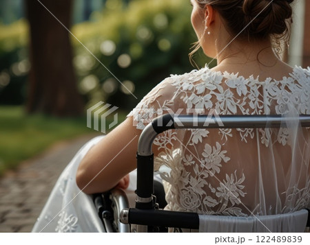Beautiful disabled bride sitting in wheelchair...のイラスト素材 [122489839 ...