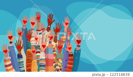 Banner whit raised hands of multicultural...のイラスト素材 [122518639] - PIXTA
