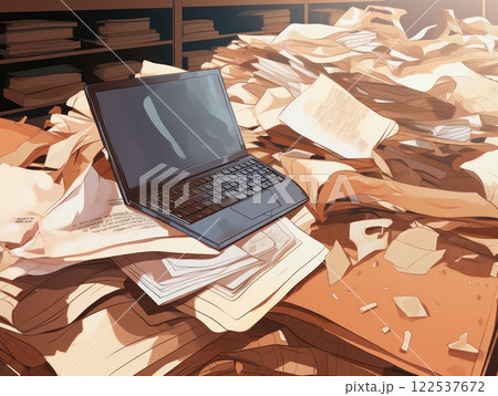 Laptop computer surrounded by a messy desk...のイラスト素材 [122537672] - PIXTA