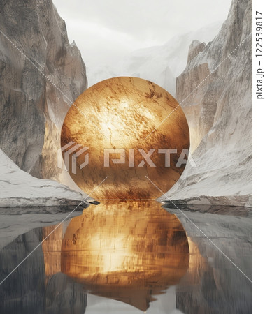 Reflection of large golden sphere in serene...のイラスト素材 [122539817] - PIXTA
