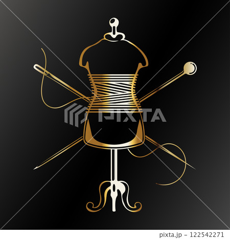 Sewing dummy, needle and thread. Golden banner...のイラスト素材 [122542271 ...