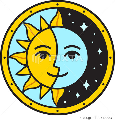 Stylized half sun and moon faceのイラスト素材 [122548283] - PIXTA
