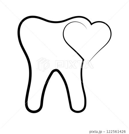 Black line drawing tooth with a heart shape...のイラスト素材 [122561426] - PIXTA