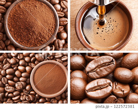Coffee making process featuring ground coffee,...のイラスト素材 [122572381 ...