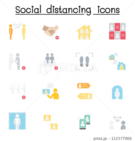 Social distancing icon set in flat color stlyeのイラスト素材 [122577068] - PIXTA