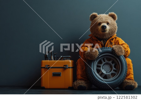 Bear mechanic fixes tire in studio cute animal...のイラスト素材 [122581302 ...
