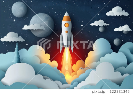 Rocket launching into space cosmic landscape...のイラスト素材 [122581343] - PIXTA
