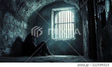 Solitary man in dimly lit ancient stone prison...のイラスト素材 [122594323] - PIXTA