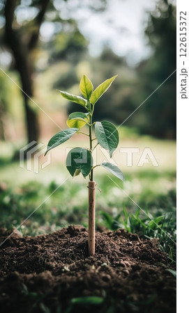 Young sapling supported by stake in outdoor...のイラスト素材 [122615372] - PIXTA