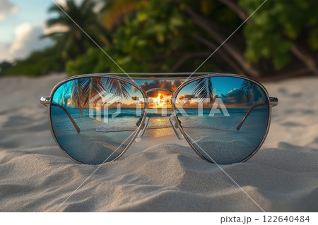 Reflective sunglasses on sandy beach with...のイラスト素材 [122640484] - PIXTA