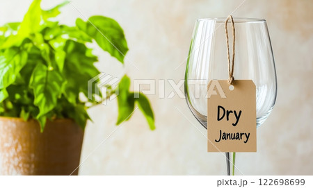 DRY JANUARY tag with empty wine glass and green...のイラスト素材 [122698699 ...
