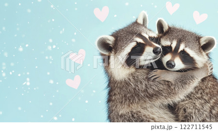 Two raccoons hugging against pink background...のイラスト素材 [122711545] - PIXTA