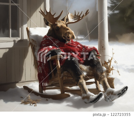 Cozy moose enjoying a winter afternoon in a...のイラスト素材 [122723355] - PIXTA