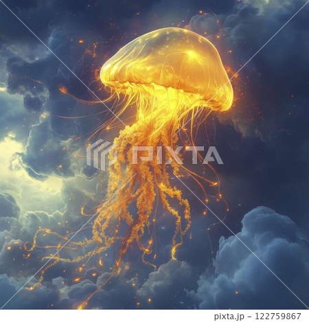 A glowing jellyfish-like creature floating in...のイラスト素材 [122759867] - PIXTA