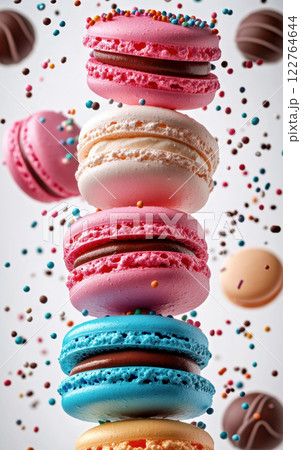Stack brightly macarons rising, floating air....のイラスト素材 [122764644] - PIXTA