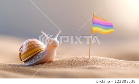 Cute snail with a rainbow tiny flag in a light...のイラスト素材 [122805339 ...
