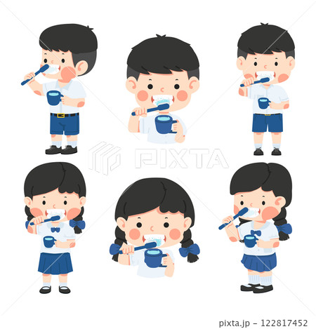 Set of cartoons showing a boy and girl brushing...のイラスト素材 [122817452 ...
