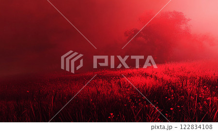 Field of red grass with a tree in the...のイラスト素材 [122834108] - PIXTA