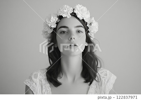 Model wearing floral crown gazes upward in...のイラスト素材 [122837971] - PIXTA