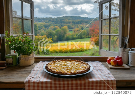 Apple pie resting on rustic table overlooking...のイラスト素材 [122840073] - PIXTA