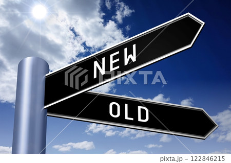 Old or new - crossroads sign with two arrows -...のイラスト素材 [122846215 ...