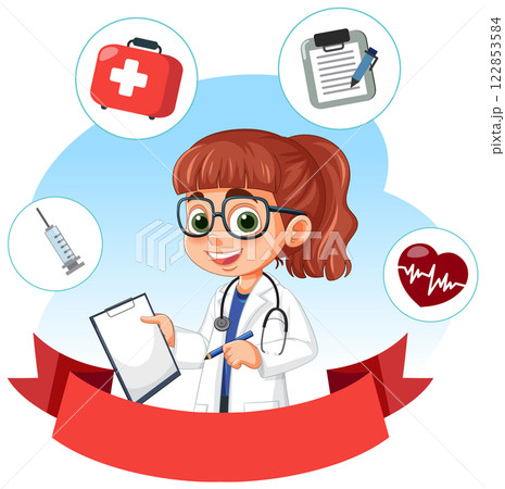 Friendly Doctor with Medical Iconsのイラスト素材 [122853584] - PIXTA