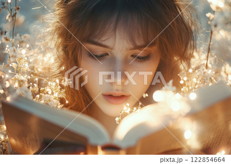 Magical girl reading glowing book in dim lightのイラスト素材 [122854664] - PIXTA
