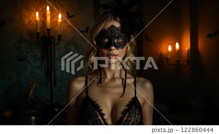 Mysterious woman wearing venetian mask posing...のイラスト素材 [122860444] - PIXTA