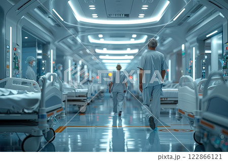 team of doctors and nurses conducting rounds in...のイラスト素材 [122866121 ...