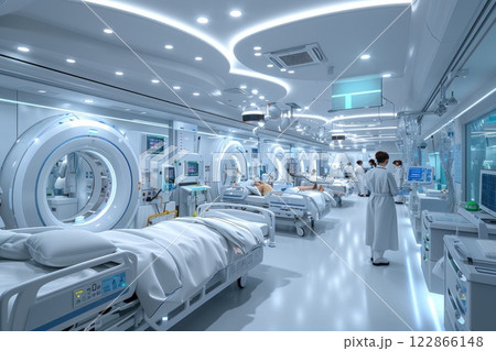 team of doctors and nurses conducting rounds in...のイラスト素材 [122866148 ...