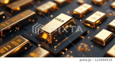 Gold bars displayed on digital trading screen,...のイラスト素材 [122898419 ...