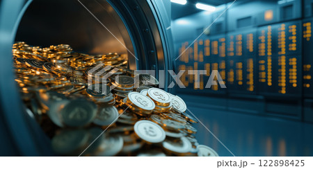 futuristic vault overflowing with shiny coins,...のイラスト素材 [122898425 ...